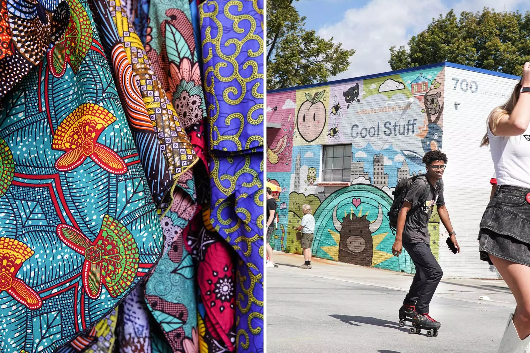 Dua foto dari Atlanta, satu menunjukkan tekstil Afrika Barat di sebuah butik, dan satu lagi menunjukkan pejalan kaki dan pemain skateboard di jalan