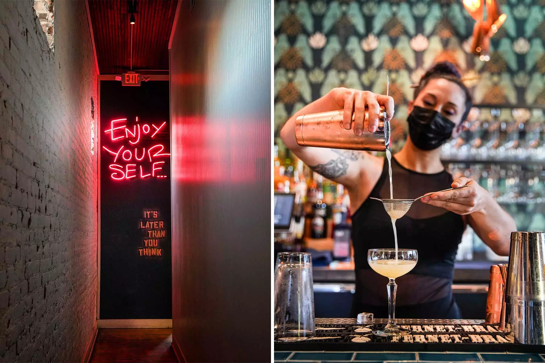 Dua foto yang menunjukkan papan nama neon dan seorang bartender sedang bekerja di bar dan restoran Atlanta Banshee