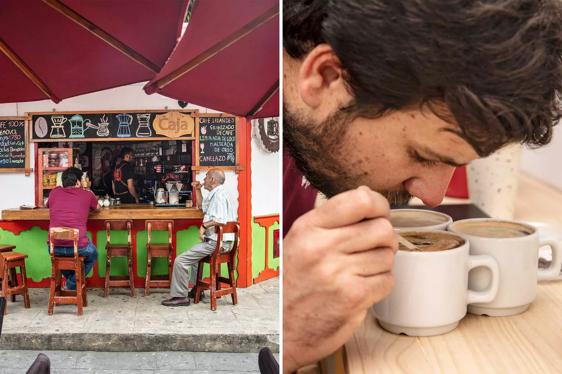 Сцени од регионот на кафе Eje Cafetero во Колумбија, вклучувајќи локално кафуле и дегустација на кафе