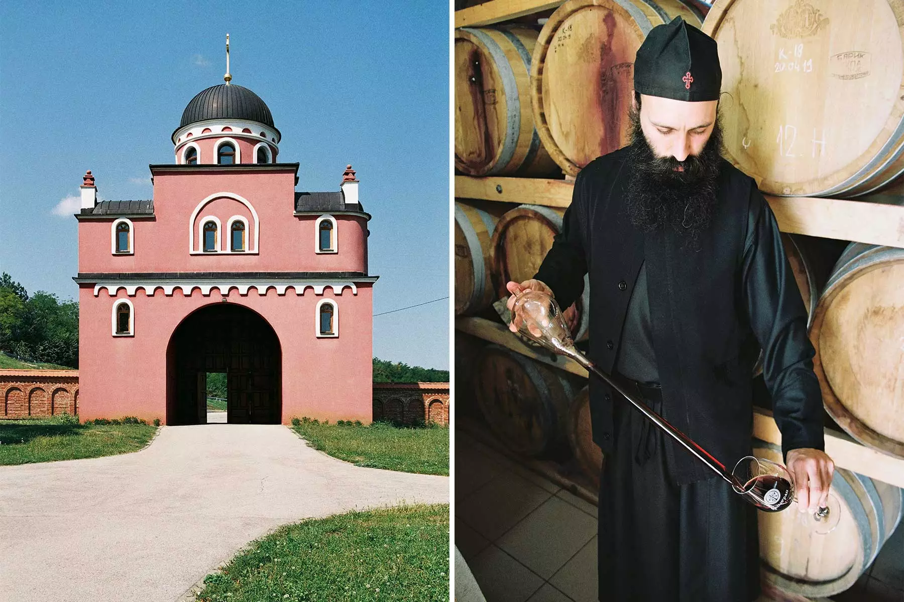 Пар фотографија на којима се види ружичасти манастир и монах обучен у црно вино, обоје из Србије