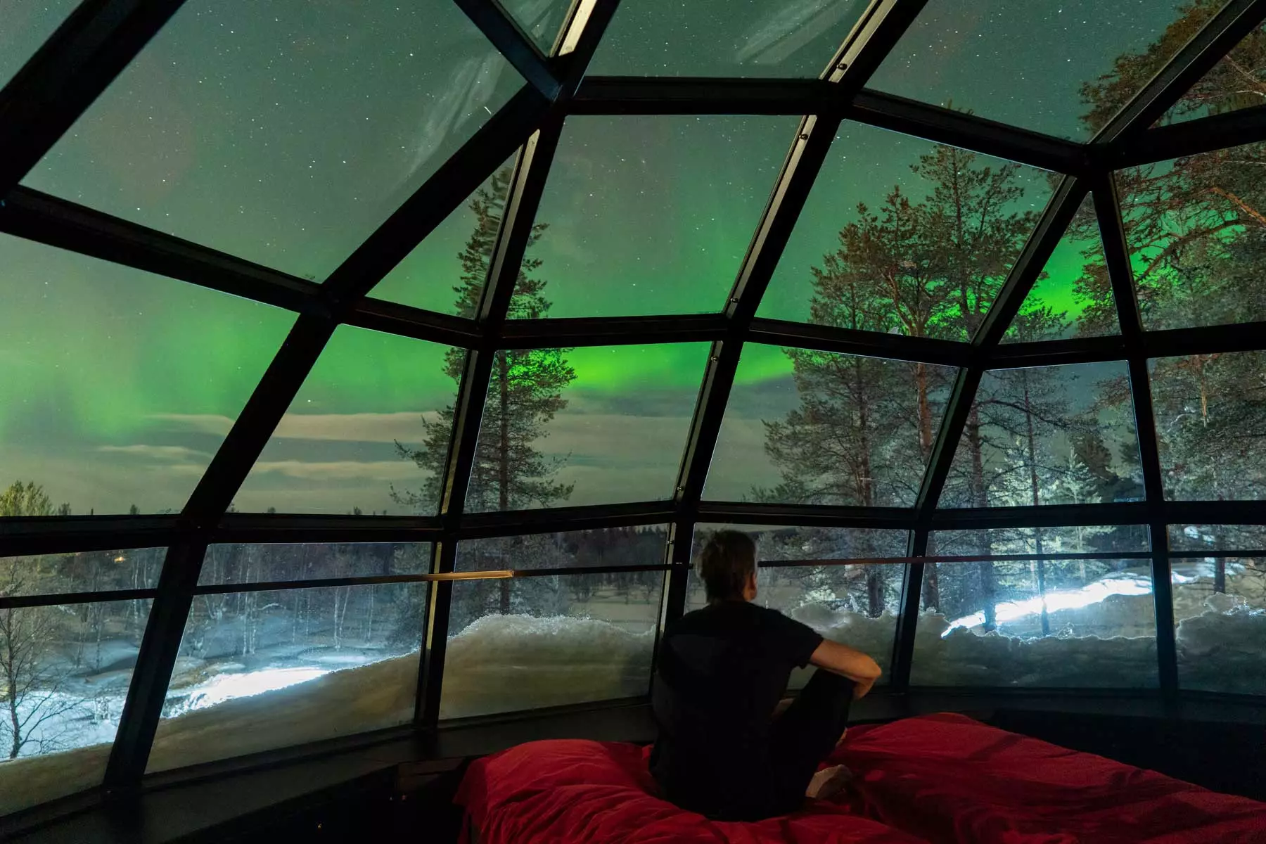 Een man zit op een rood bed in een glazen gastentent in Finland en observeert de groene lucht (noorderlicht) en de sterren