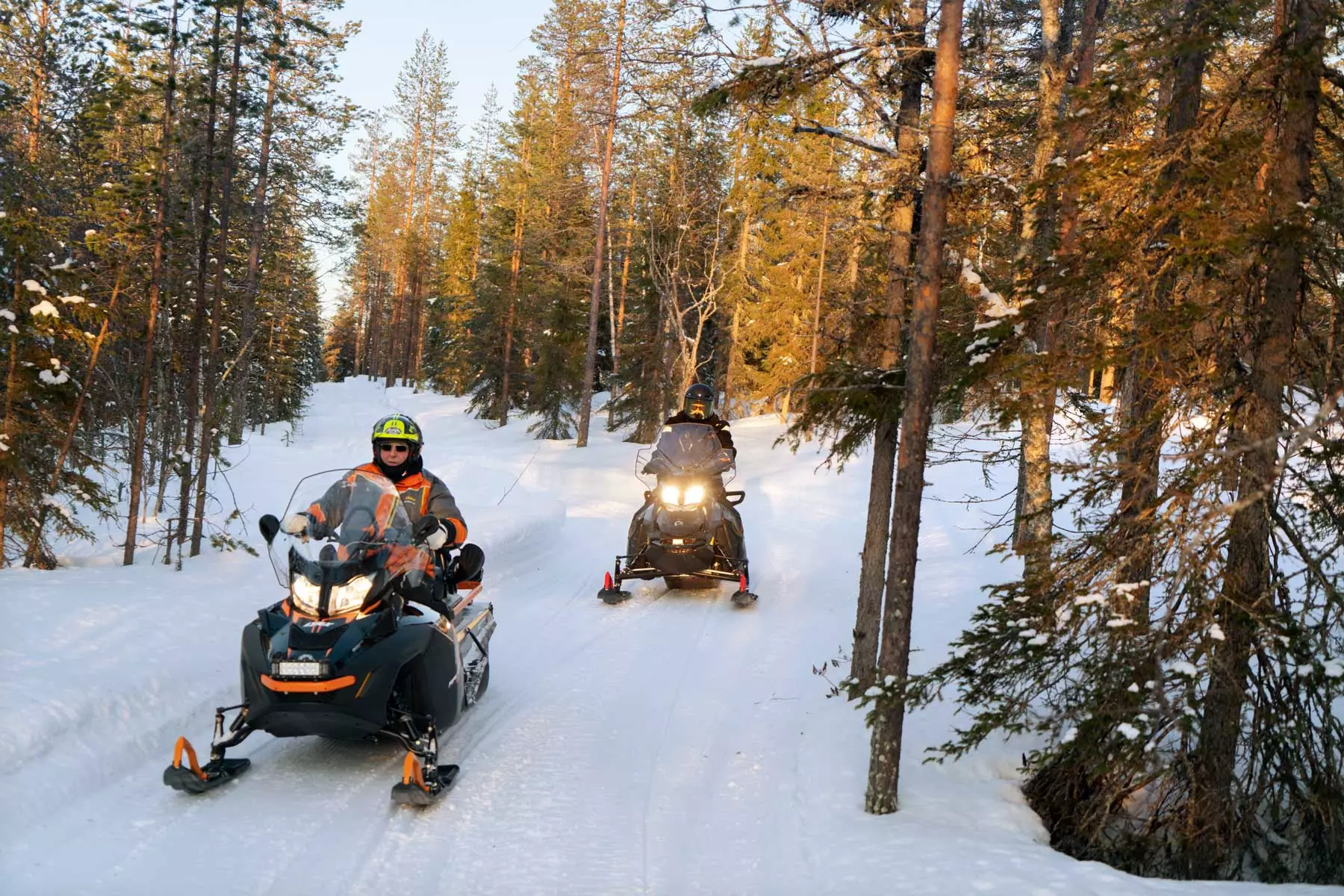 Twee mannen rijden op sneeuwscooters door het besneeuwde bos in Finland in de schemering