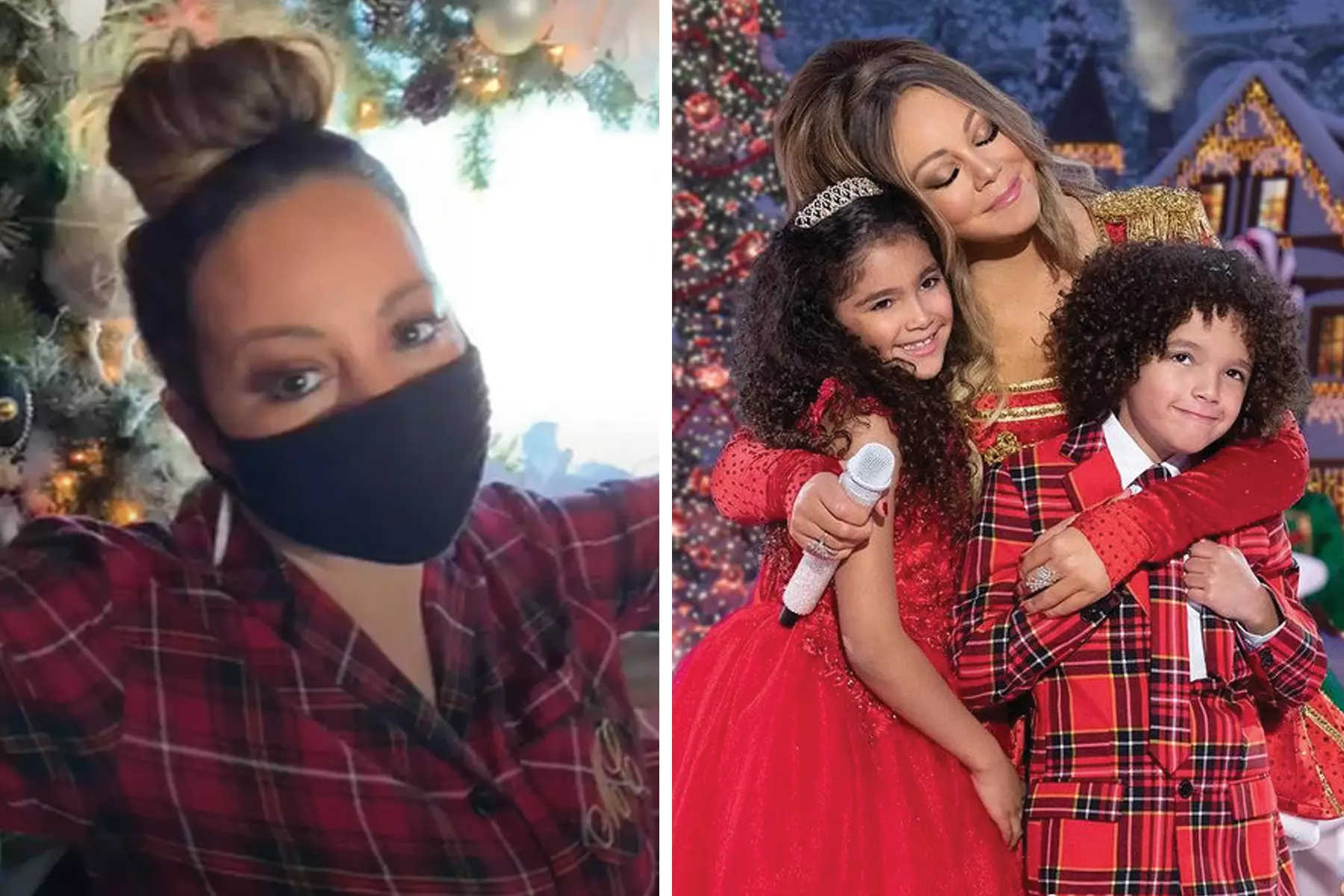 Si Mariah Carey nga nagsul-ob og maskara sa usa ka biyahe sa dalan paingon sa Aspen ug Mariah Carey uban sa iyang kaluha sa entablado sa pasundayag sa Pasko