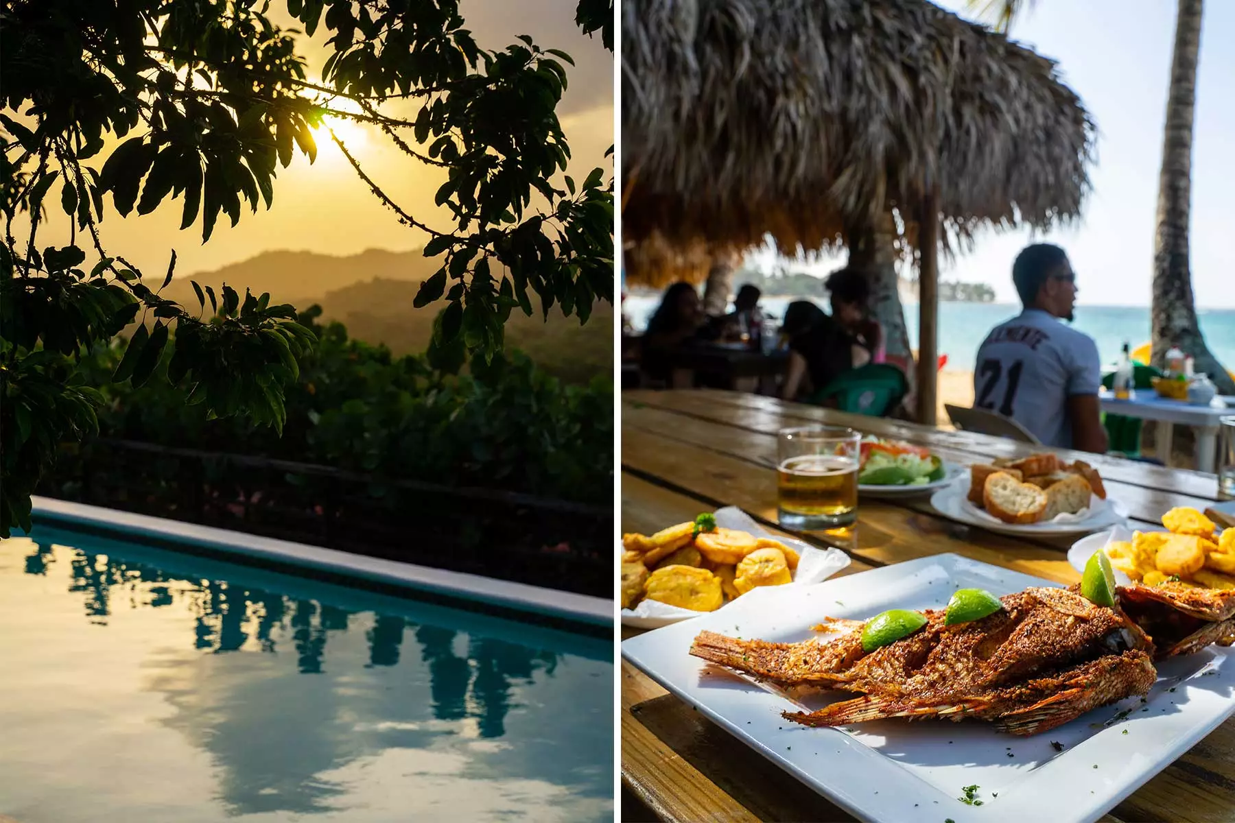 Scènes uit de Dominicaanse Republiek: links het zwembad van de Clave Verde Ecolodge; rechts een bord gebakken vis in een restaurant met uitzicht op het strand van Las Terrenas