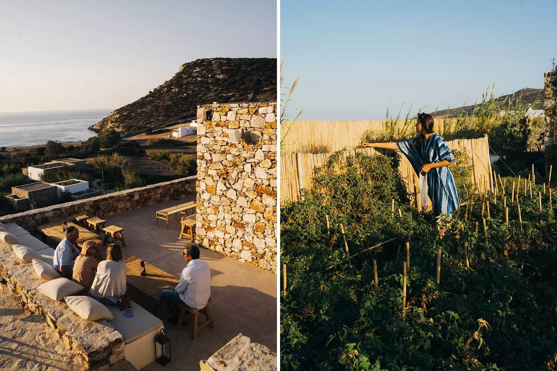 Zwou Fotoen aus dem Rooster Hotel a Griicheland, dorënner Gäscht op der Terrass, an eng Fra am Gaart