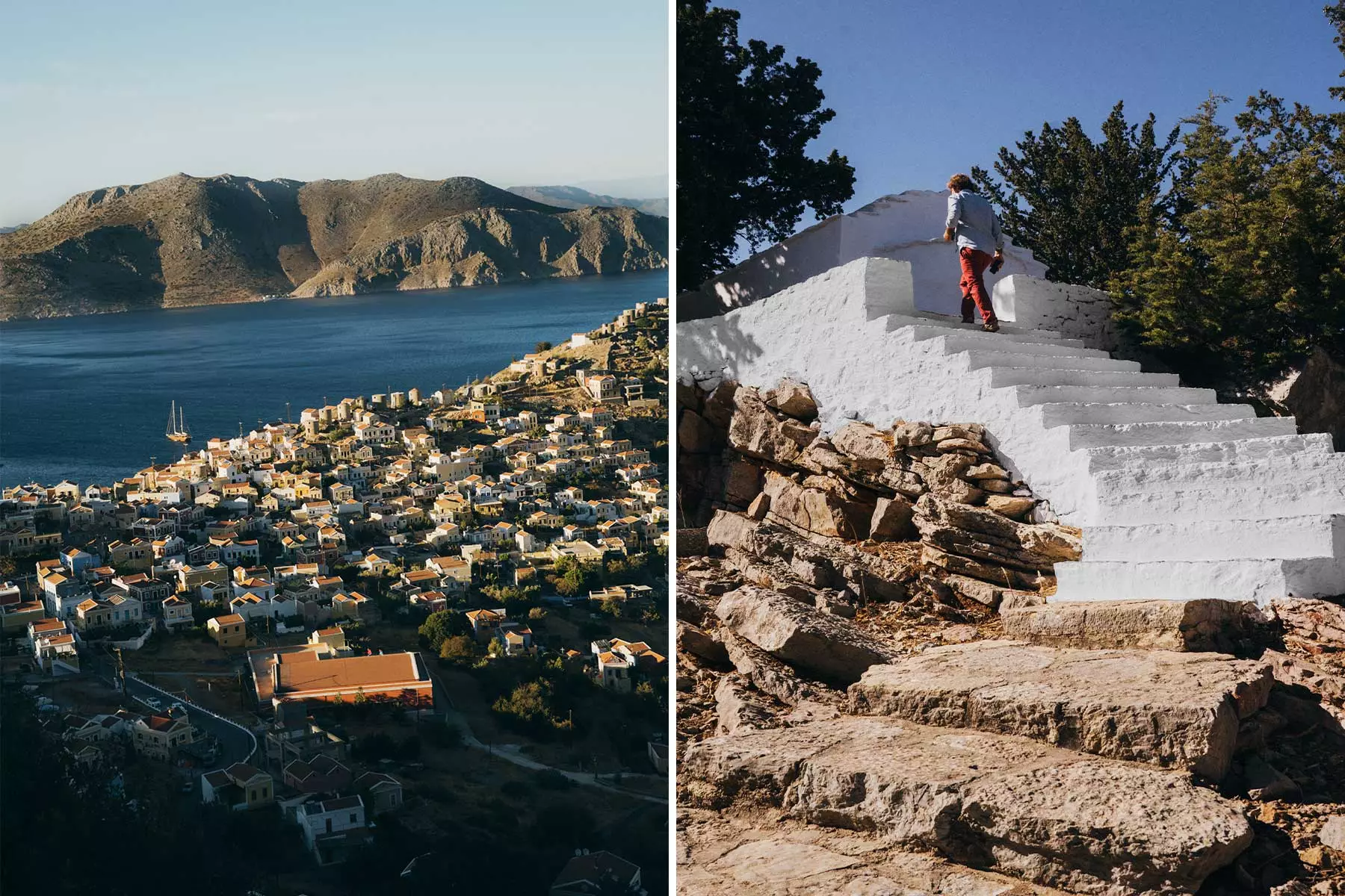 Dúas fotos panorámicas da illa de Symi, en Grecia, que mostran un edificio e unha escaleira branca