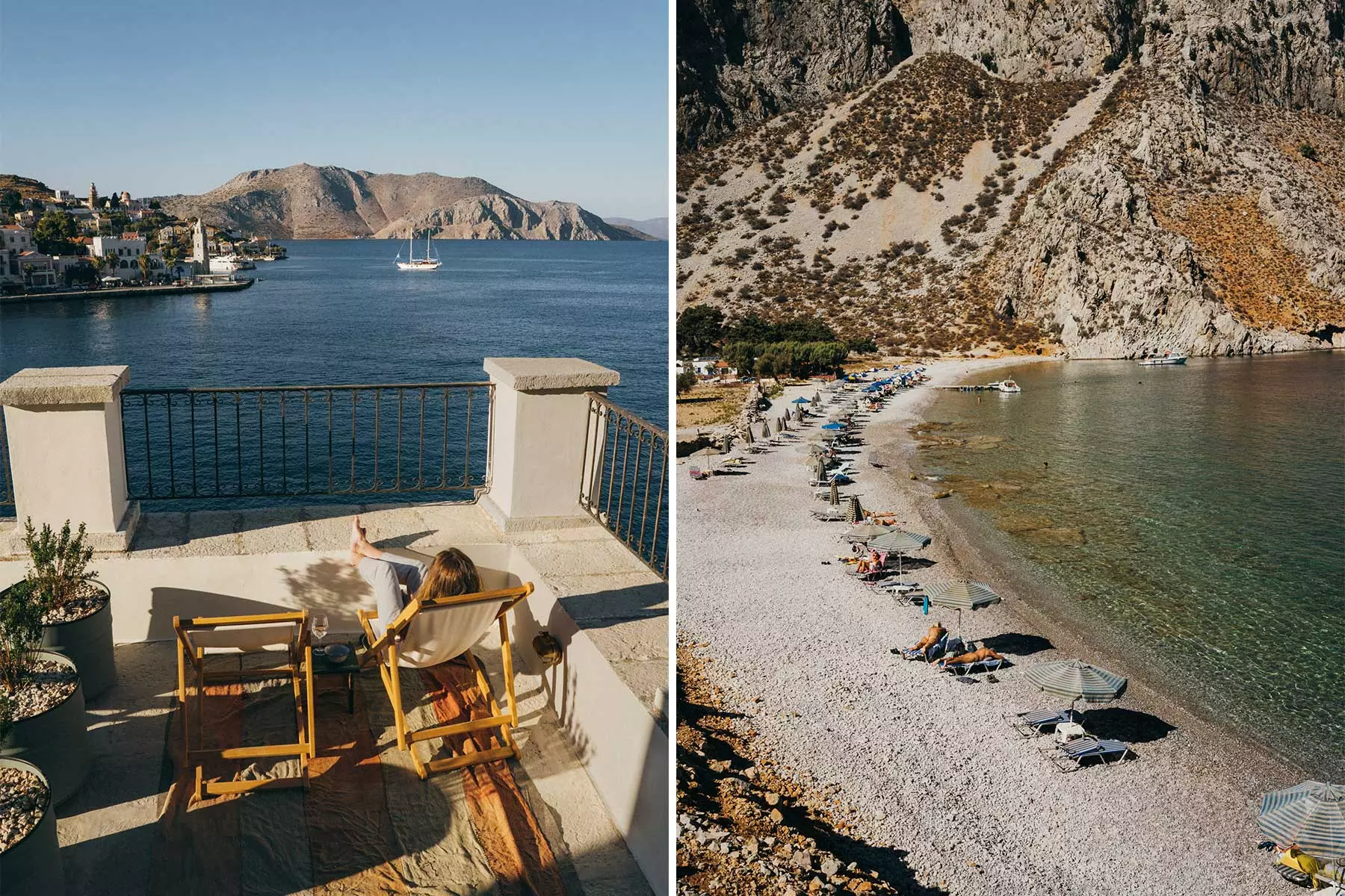 Zwou Szenen aus Symi, Griicheland, déi eng Hotelterrass an eng Plage op der Symi Insel weisen