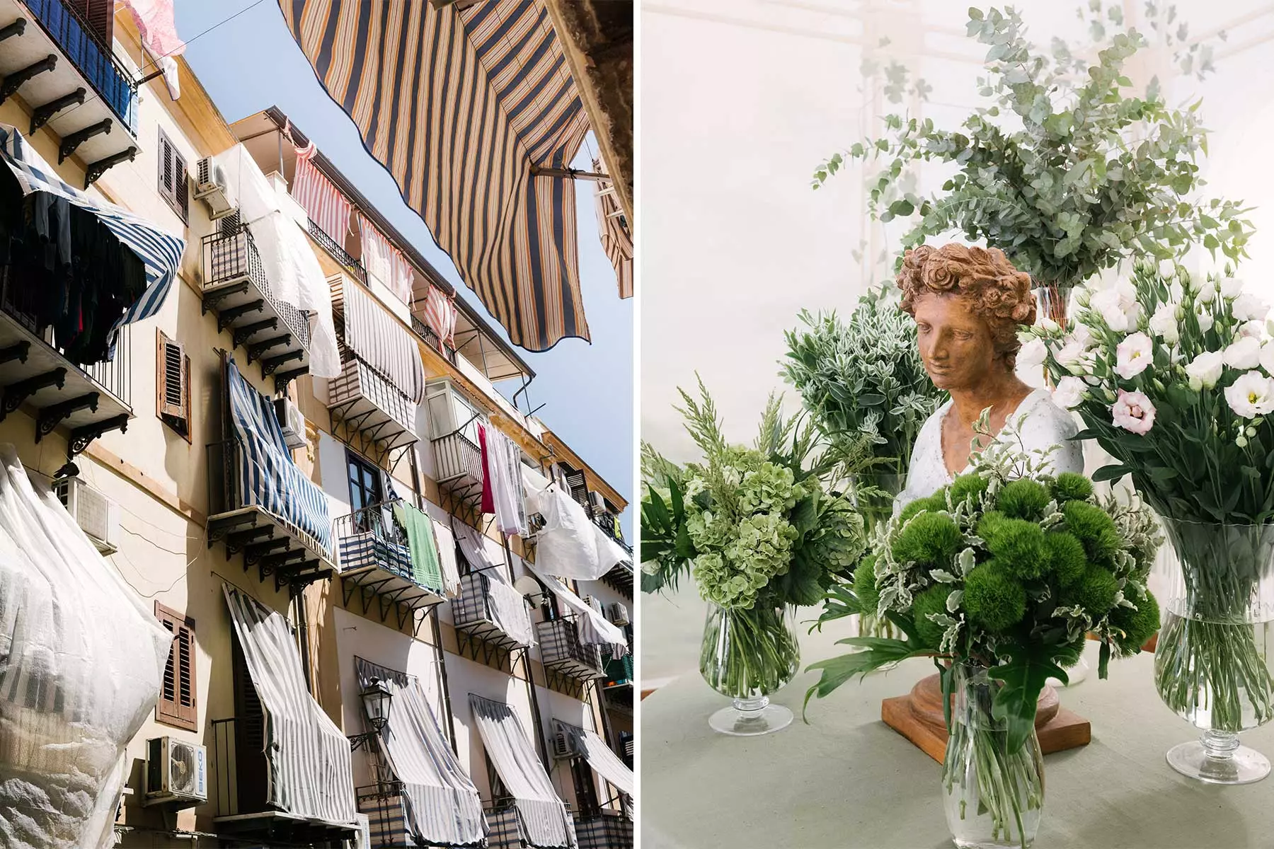 Dwa zdjęcia z Sycylii, jedno przedstawiające zasłony powiewające na tarasach mieszkań, a drugie popiersie i wazony z zielenią