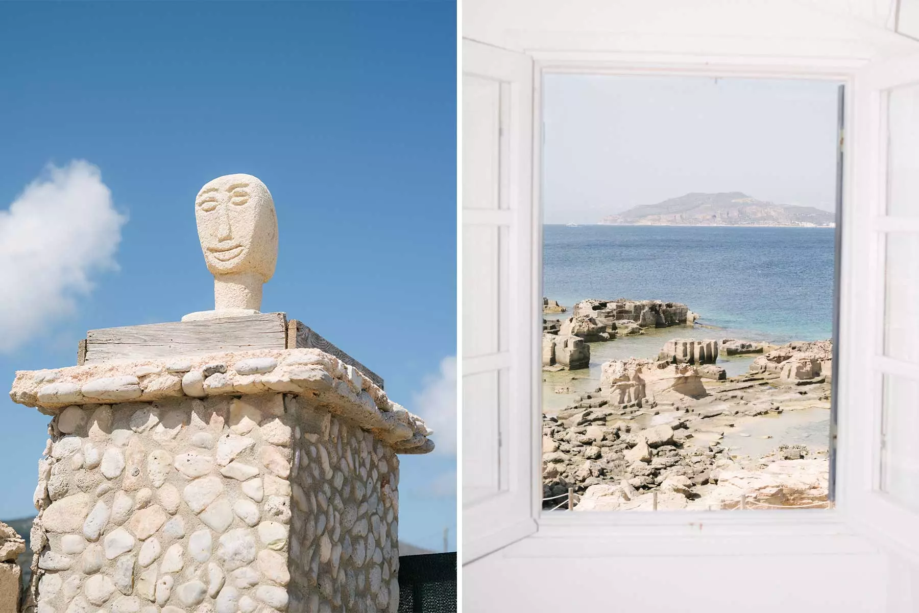 Dwa zdjęcia z wyspy Favignana, w tym ozdobne popiersie na szczycie słupa bramy oraz widok na morze z hotelu Cas'almare