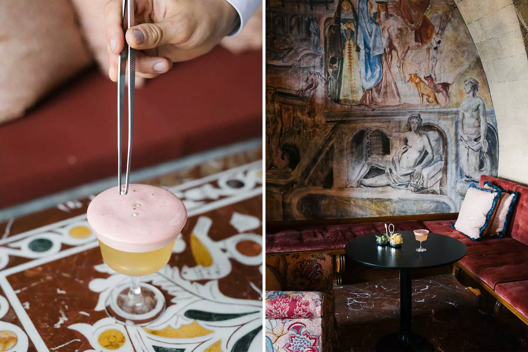 Dwa zdjęcia z baru w Villa Igiea na Sycylii, jedno przedstawiające zbliżenie koktajlu, a drugie przedstawiające stolik w zakamarku
