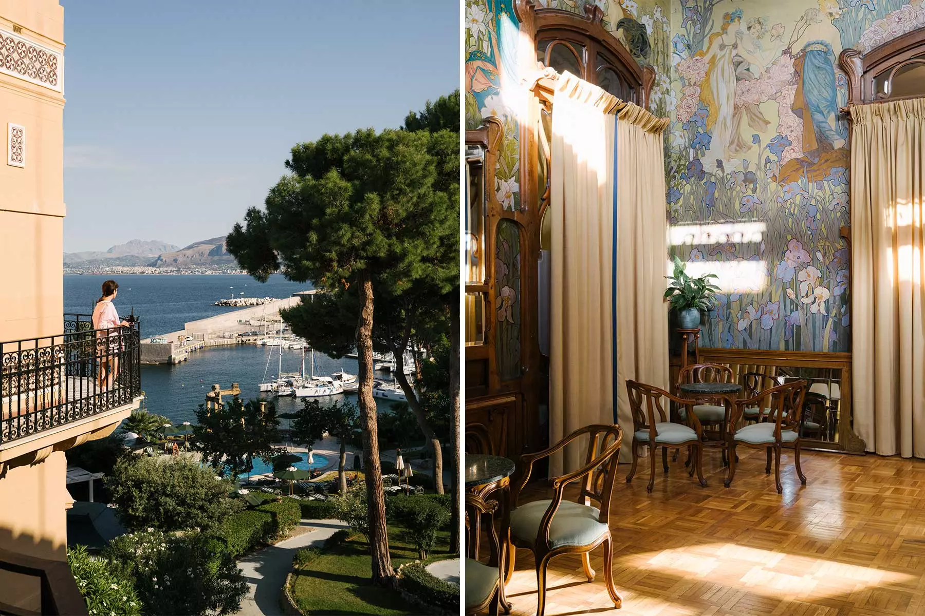 Para zdjęć z notatek Villa Igiea na Sycylii, jedno przedstawiające kobietę na balkonie, a drugie przedstawiające wnętrze wypełnione światłem recepcji