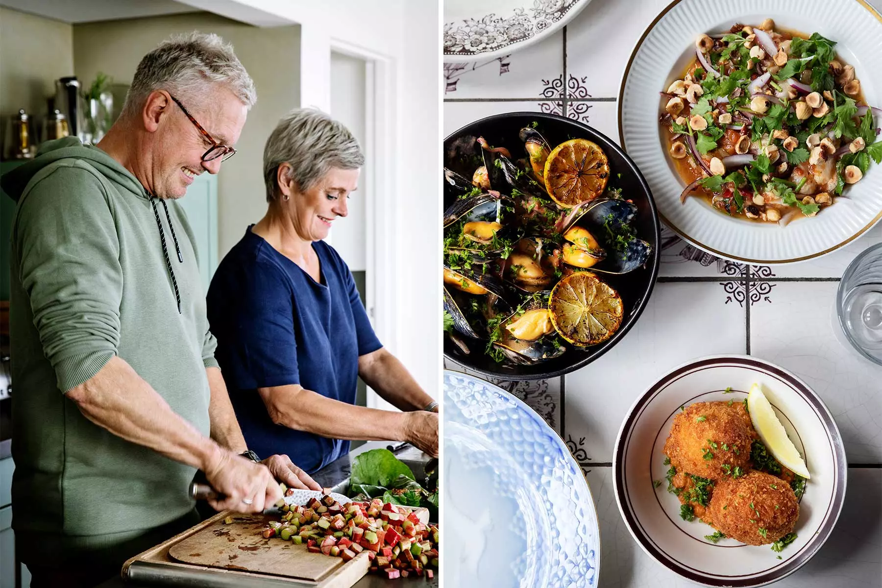 Twee foto's van de Faeröer, een met een stel dat kookt in hun keuken en een met drie borden met eten in het visrestaurant