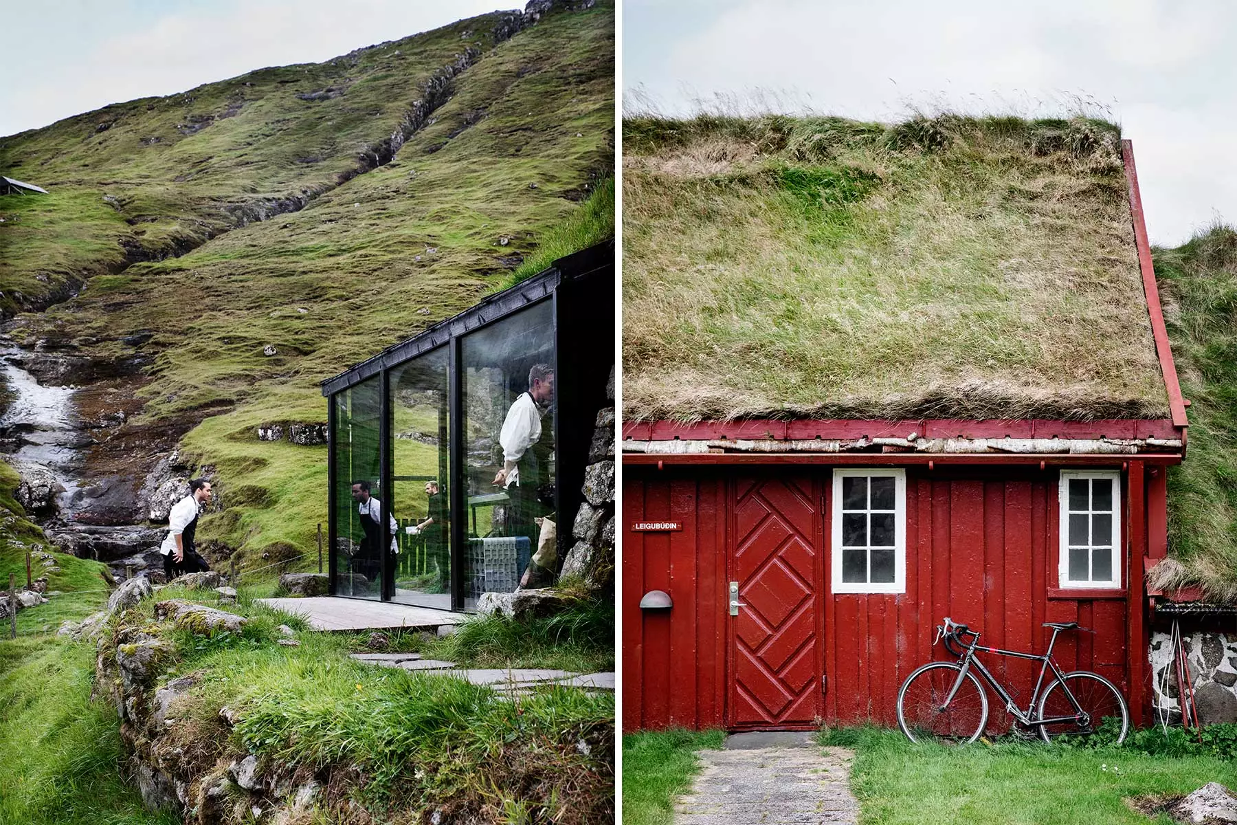 Paar foto's van de Faeröer, waarop een man een restaurant binnengaat, en een rood huis met een met gras bedekt dak