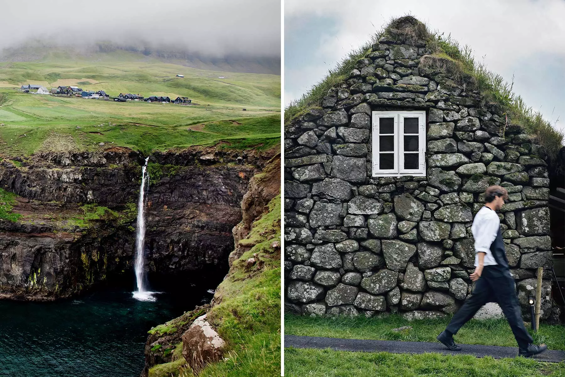 Twee foto's van de Faeröer, waarop een waterval te zien is, en een man die voor een restaurant met stenen muren loopt