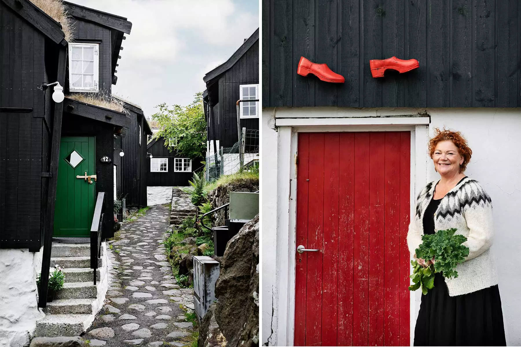 Paar foto's van de Faeröer, waarop de oude stad te zien is, en een vrouw die voor een rode deur staat